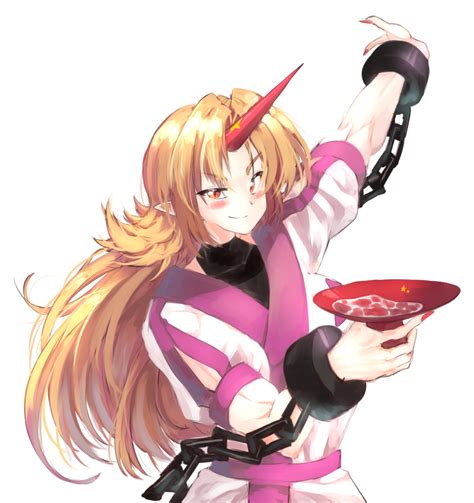 Safebooru Alcohol Blonde Hair Chain Cuffs Horns Hoshiguma Yuugi In
