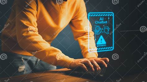Young Man Using Laptop Chatting With A Smart Ai With Triangle Caution