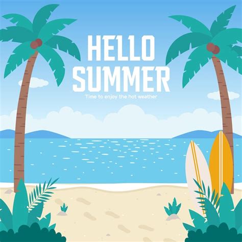 나무 모래 서핑 보드 를 가진 여름 배경 터 일러스트레이션 프리미엄 벡터