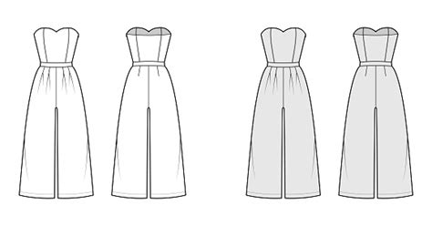 발목 길이 정상 허리 상승 더블 플리츠 스트랩리스가 있는 점프수트 퀼로트 전체 적인 테크니컬 패션 일러스트 0명에 대한 스톡