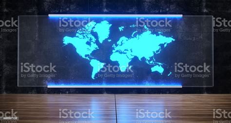 콘크리트 벽 유리 바닥 반사 3d 렌더링에 미래 공상 과학 인공 지능 개념 세계 지도 홀로그램 개념에 대한 스톡 사진 및 기타