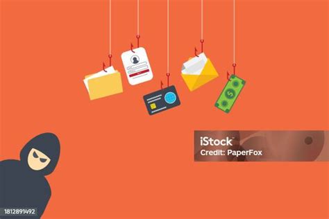 해커 및 사이버 범죄자 피싱 신원 도용 사용자 로그인 비밀번호 문서 이메일 및 신용 카드 해킹 및 웹 보안 인터넷 피싱 개념입니다 벡터 그림 감시에 대한 스톡 벡터 아트 및