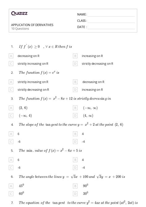 50 Derivatives Of Logarithmic Functions Worksheets For 12th Class On Quizizz Free And Printable