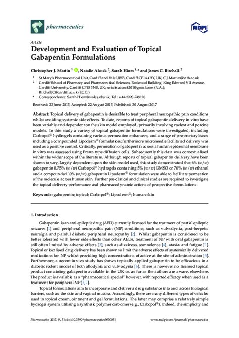 Pdf Development And Evaluation Of Topical Gabapentin Formulations Sarah Hiom