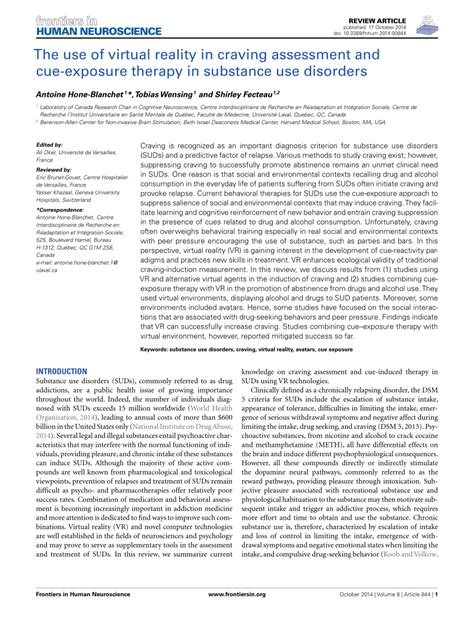 Pdf The Use Of Virtual Reality In Craving Assessment And Cue Exposure Therapy In Substance Use