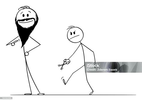 수염이 있는 사람 그의 긴 얼굴 머리 또는 수염을 보여주는 화가 남자는 그것을 잘라 가위와 함께 걷고있다 벡터 만화 스틱 그림 그림 그림 가공의 인물에 대한 스톡 벡터 아트