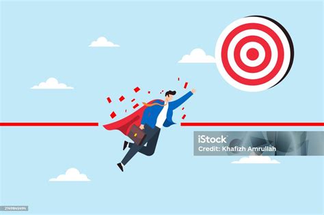 사업가 슈퍼 히어로는 과녁 목표에 도달하기 위해 장벽을 허물고 어려움을 극복하고 성공을 달성하는 것을 보여줍니다 장애물을 해결하고 목표를 달성하기 위한 결단력의 개념 개발에