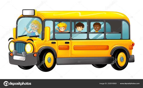 Divertido Autobús Amarillo Dibujos Animados Con Los Alumnos Ilustración