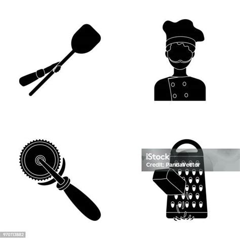 오븐 피자 쿡 바르고 치즈 커터에 대 한 노를 저 어 피자와 피자 블랙 스타일 벡터 기호 재고 일러스트 레이 션 웹에서 컬렉션 아이콘을 설정합니다 강판에 대한 스톡 벡터
