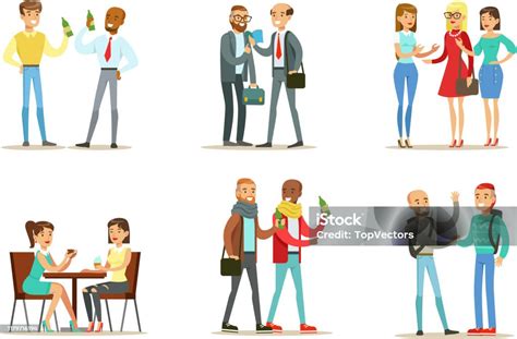 친구와 동료 함께 좋은 시간을 보내고 세트 남자와 여자 회의 마시는 커피와 맥주 험담 벡터 일러스트 사람들에 대한 스톡 벡터 아트 및 기타 이미지 Istock