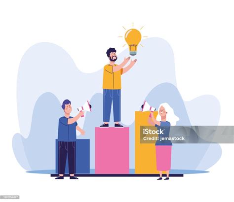 차트 막대 그래프에 서 전구 조명과 메가 폰과 남자를 사용하여 남자와 여자 개념에 대한 스톡 벡터 아트 및 기타 이미지 개념 경영자 공연 Istock