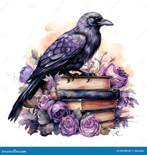 Mystical Watercolor Gothic Raven With Books And Flowers AI Generated