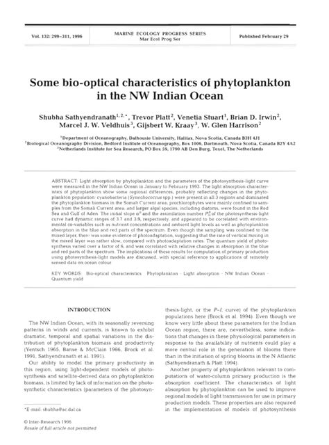 Pdf Some Bio Optical Characteristics Of Phytoplankton In The Nw Indian Ocean