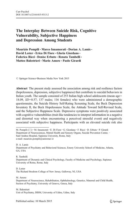 pdf the interplay between suicide risk cognitive vulnerability