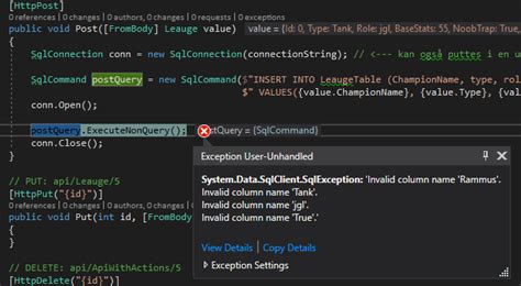 getting an system data sqlclient sqlexception when trying to post to