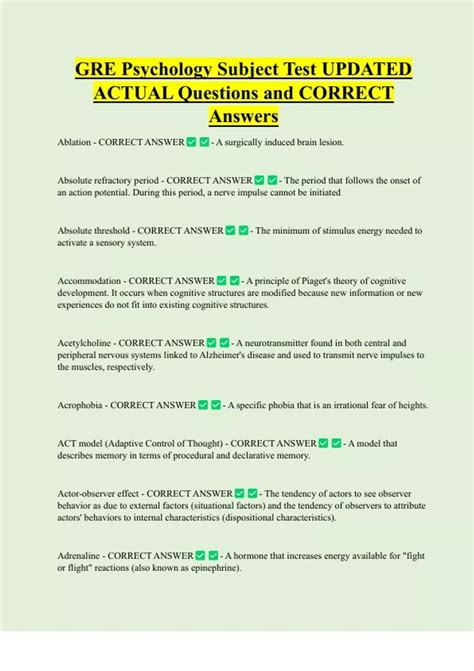 GRE Psychology Subject Test UPDATED ACTUAL Questions And CORRECT Answers GRE Psychology