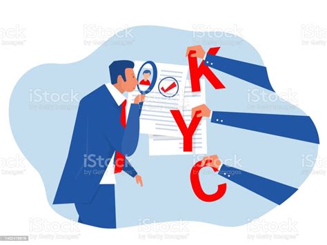 Kyc 또는 확대 유리 벡터 일러스트레이터를 통해 파트너에서 고객 개념의 신원을 확인하는 비즈니스로 고객을 알고 있습니다