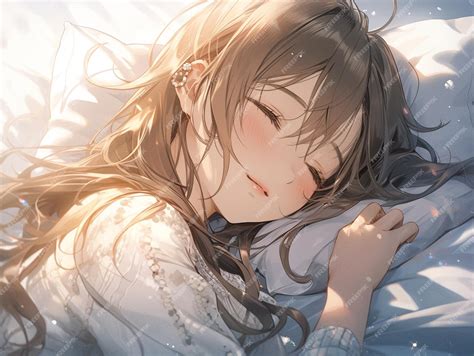 Anime Girl Laying In Bed With Her Eyes Closed And Her Head Resting On A