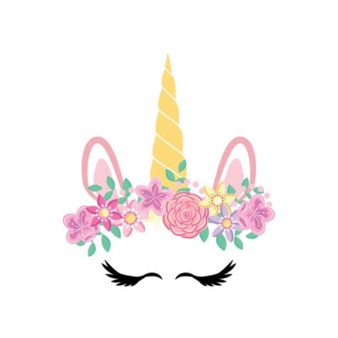 Fabulous Cute Unicorn With Golden Gilded Horn And Closed Eyes With Flowers And Eyelashes
