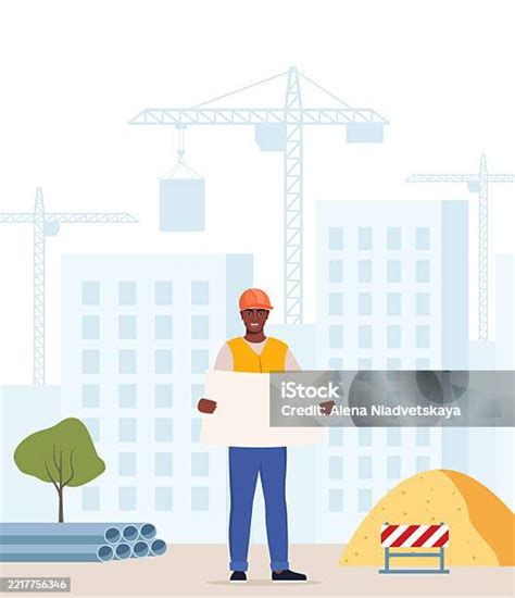 건설 노동자 도시 건설 현장의 산업 기술자 건축업자 주거용 건물을 짓는 타워 크레인 제복과 주황색 보호 헬멧을 쓴 흑인 엔지니어 벡터 개발에 대한 스톡 벡터 아트 및 기타