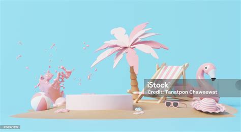 3d 렌더링 빈 연단 또는 모래 해변에 제품을 보여주기 위한 받침대 플랫폼이 있는 최소한의 여름 배경은 비치 볼 핑크 플라밍고 풍선 링 및 의자로 장식됩니다 0명에 대한