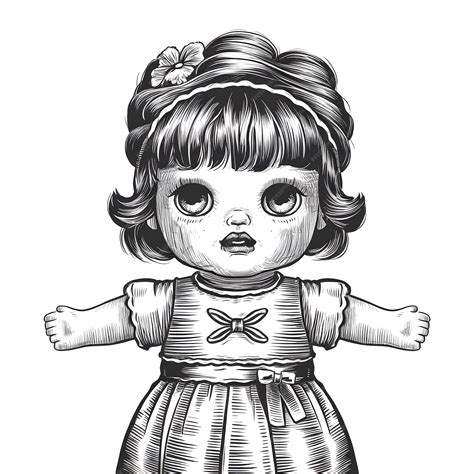 인형 잉크 스케치 그림 흑백 조각 스타일 터 일러스트레이션 프리미엄 벡터