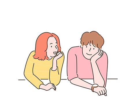 유토이미지 두 친구가 턱을 괴고 대화를 나누고 있다 손그림 스타일 일러스트레이션