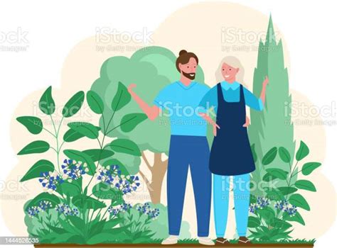 여자와 남자 농부 농업 노동자 잔디밭이나 뒤뜰에서 식물과 꽃을 재배 2명에 대한 스톡 벡터 아트 및 기타 이미지 2명 가위