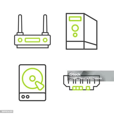 회선 Ram 랜덤 액세스 메모리 하드 디스크 드라이브 Hdd 컴퓨터 케이스 및 라우터 Wifi 신호 아이콘을 설정합니다 벡터 가능성에 대한 스톡 벡터 아트 및 기타 이미지