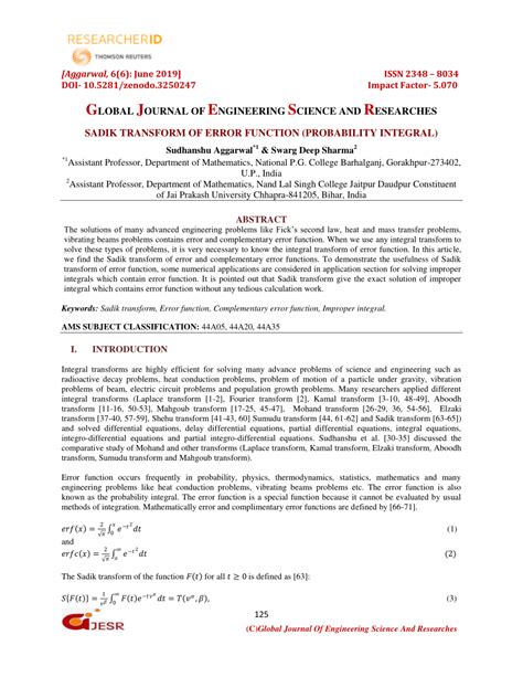 Pdf Global Journal Of Engineering Science And Researches Sadik Transform Of Error Function