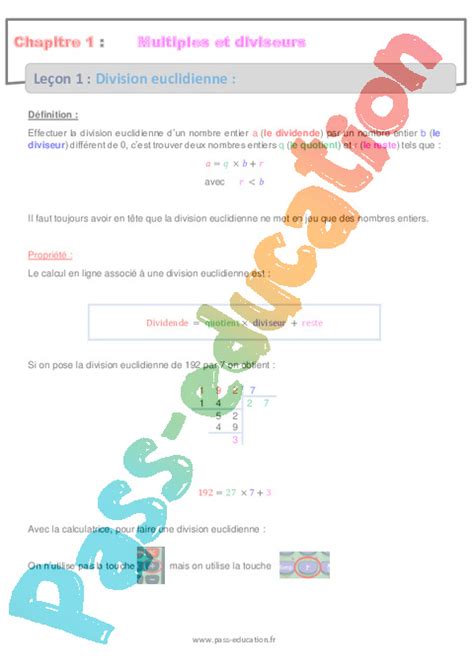 Division Euclidienne 4ème Exercices Cours évaluation Révision Pdf à Imprimer