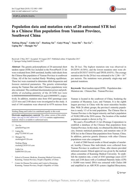 Population Data And Mutation Rates Of 20 Autosomal Str Loci In A Chinese Han Population From