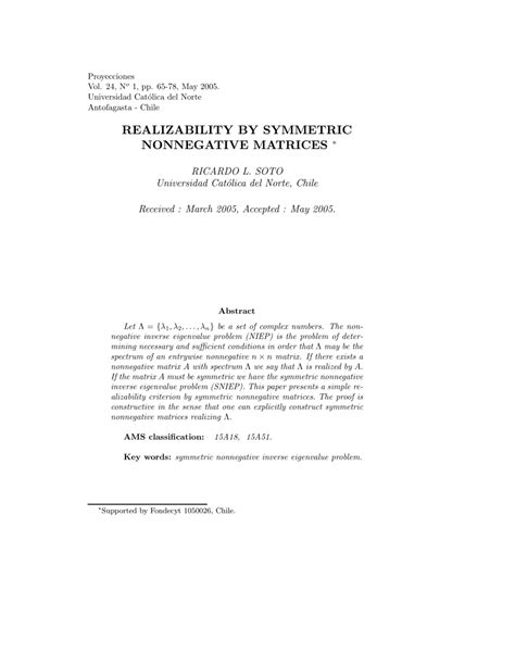 Pdf Realizability By Symmetric Nonnegative Matrices