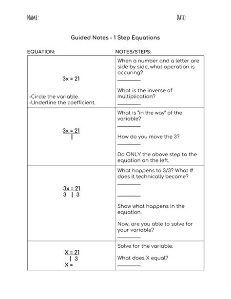1 Step Equations Guided Notes