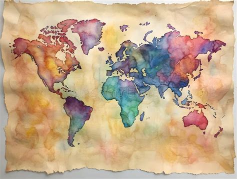 Ancient Colorful Watercolor World Map Abstract Geographical Art Stock Illustration