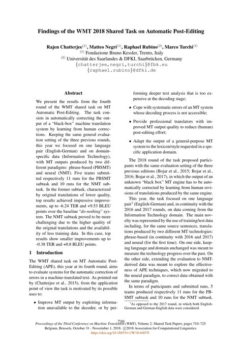 Pdf Findings Of The Wmt 2018 Shared Task On Automatic Post Editing