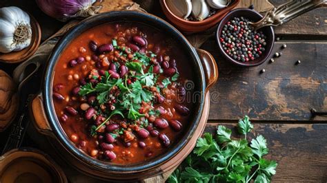 Georgian Lobio Cooked Beans Red Beans With Meat And Spices Lobio In Ceramic Pot On Rustic