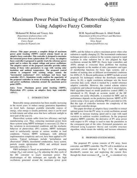 Pdf Maximum Power Point Tracking Of Photovoltaic System Using Adaptive Fuzzy Controller