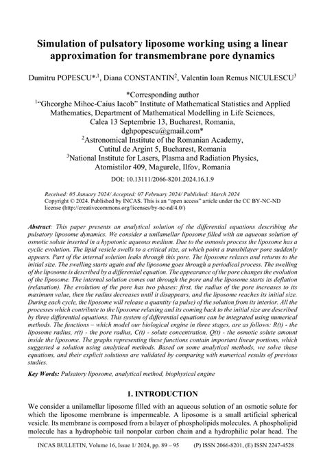 Pdf Simulation Of Pulsatory Liposome Working Using A Linear Approximation For Transmembrane
