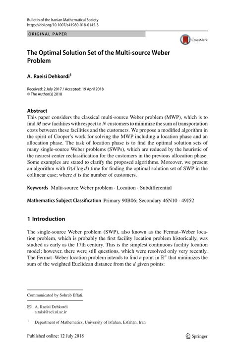 Pdf The Optimal Solution Set Of The Multi Source Weber Problem