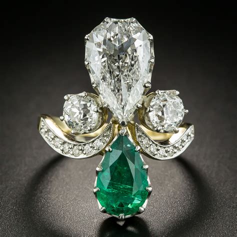 Edwardian Style 202 Carat Pear Shaped Diamond And Emerald Ring Gia G Si1