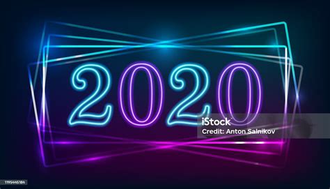 네온 2020 기호는 네온 배경에 점등됩니다새해 복 야 어두운 파란색 배경에 사실적인 파란색과 분홍색 네온 튜브와 벡터 그림