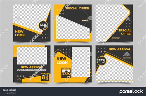 مجموعه قالب طراحی پست رسانه های اجتماعی برای فروش مد پس زمینه زرد و مشکی با کولاژ عکس مناسب برای