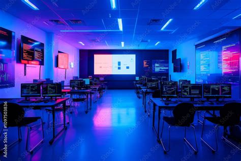 Modern Computer Lab With Multiple Workstations Vibrant Blue Lighting