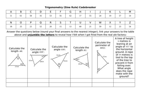 Trigonometry Area Sine Cosine Rule Codebreakers Teaching Resources