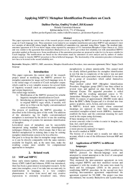 Pdf Applying Mipvu Metaphor Identification Procedure On Czech