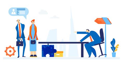 상사가 직원에게 이야기합니다 도시의 비즈니스 사람들은 문제를 해결하고 함께 일합니다 기술 서비스 제공 개념의 관리 지원 자문 및 재무 가공의 인물에 대한 스톡 벡터 아트 및