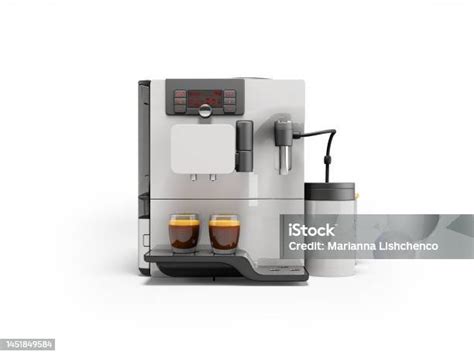 그림자가 있는 흰색 배경에 우유 분배가 있는 흰색 자동 커피 머신의 3d 그림 0명에 대한 스톡 사진 및 기타 이미지 0명 강철 금속 Istock