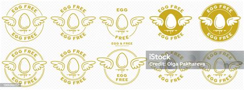 포장 제품을 위한 개념 스탬프 세트입니다 라벨링 계란 없음 날개와 둥근 스탬프 해방의 상징 자유 구성에서 흐르는 라인의 계란 플랫 아이콘 벡터 그룹화 된 요소입니다 0에