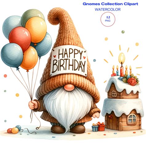 Birthday Gnome Watercolor Clipart 12 Png Images Digital Etsy